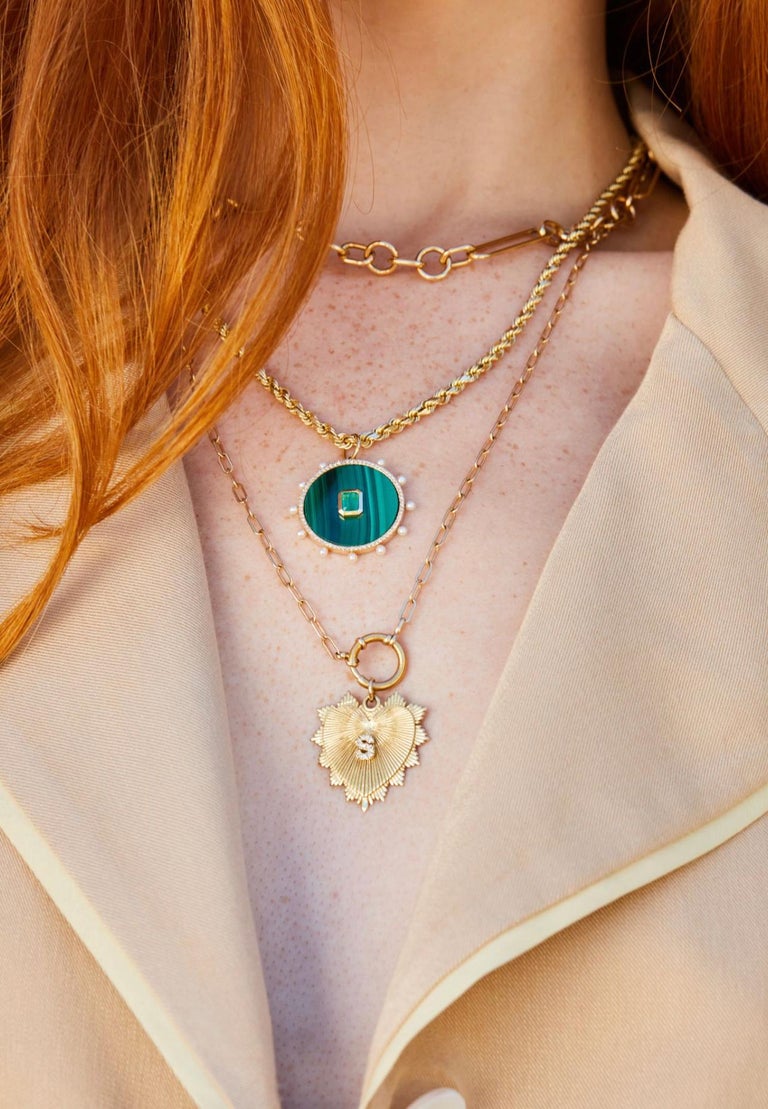 14k Yellow Gold Malachite Diamond and Pearl Round Charm with Emerald ...