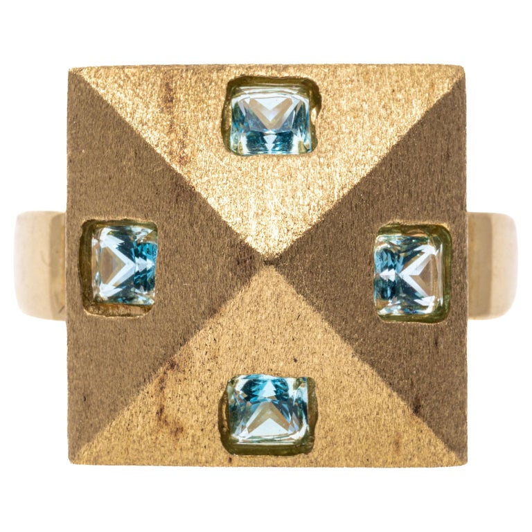 14k Yellow Gold Matte Pyramid Shaped Dome Ring with Blue Topaz For Sale ...