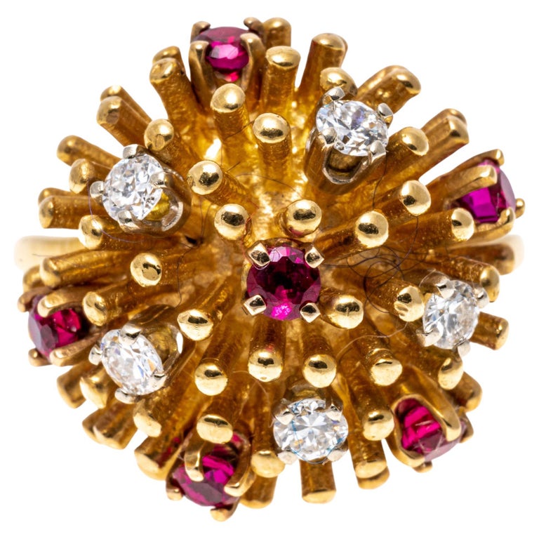 14k Yellow Gold Mini Ruby and Diamond Anemone Style Ring For Sale at ...
