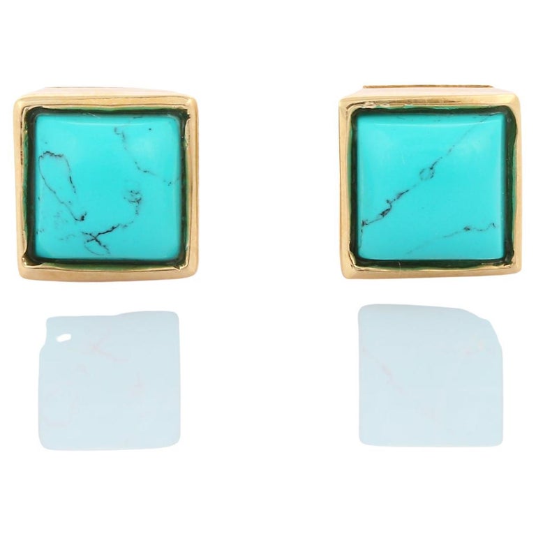 14K Yellow Gold Minimalist Square Cut Bezel Set Turquoise Push Back ...