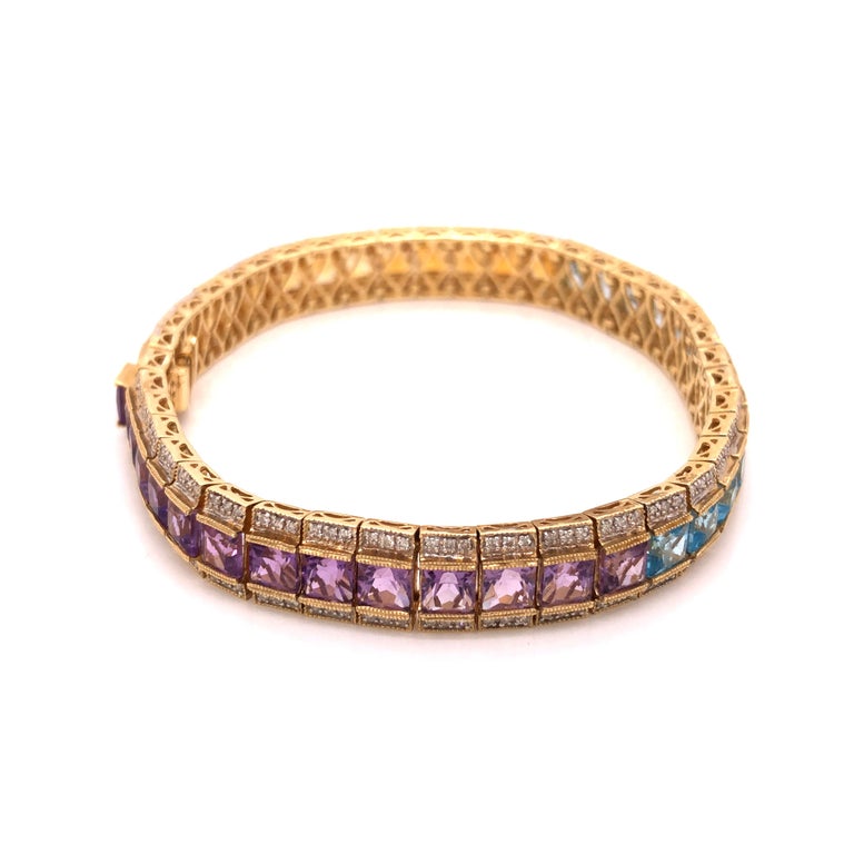 14 Karat Yellow Gold Multi-Color Gemstone Diamond Bracelet For Sale at ...