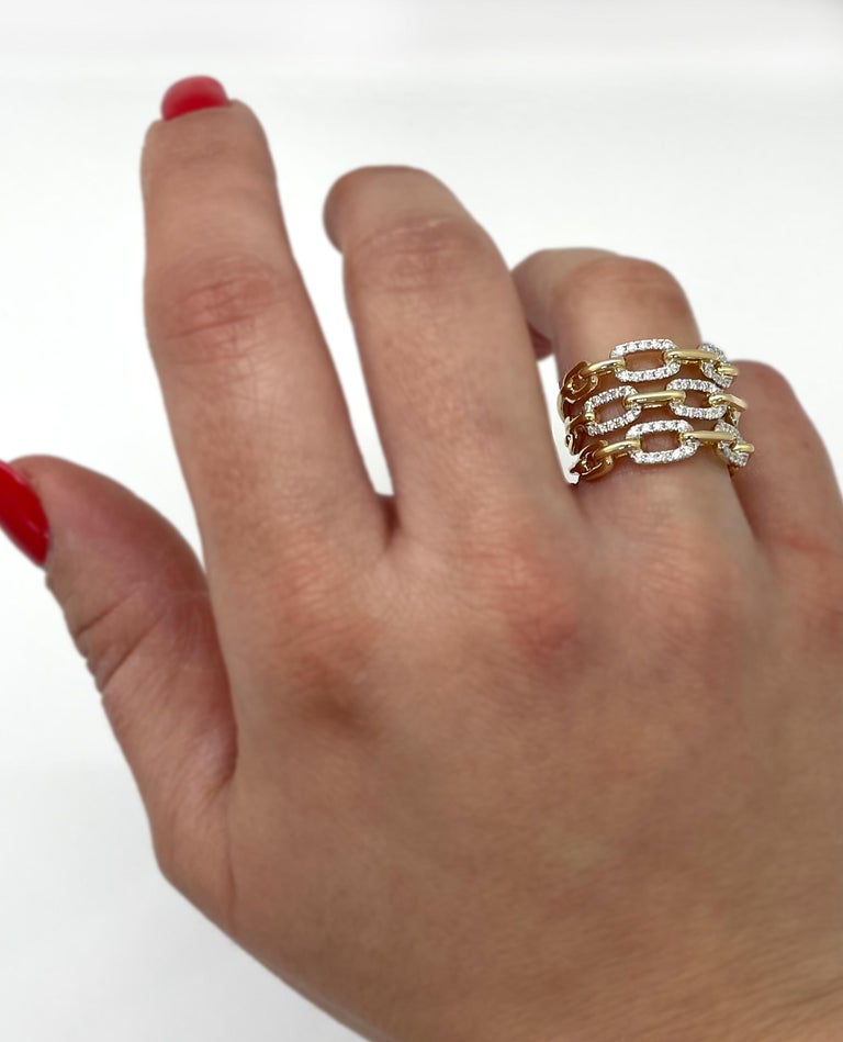 14K Yellow Gold Multi Row Paperclip Link Diamond Ring For Sale at 1stDibs