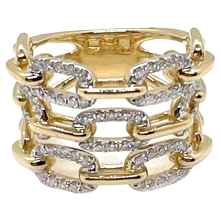 14K Yellow Gold Multi Row Paperclip Link Diamond Ring For Sale at 1stDibs