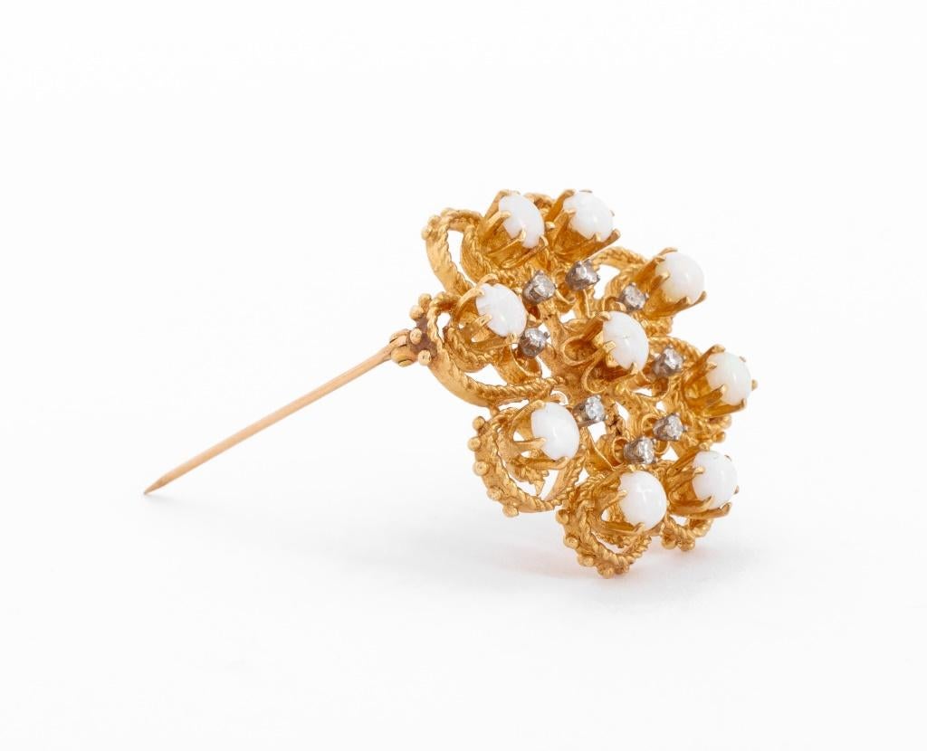 14K Yellow Gold Opal Diamond Brooch For Sale at 1stDibs