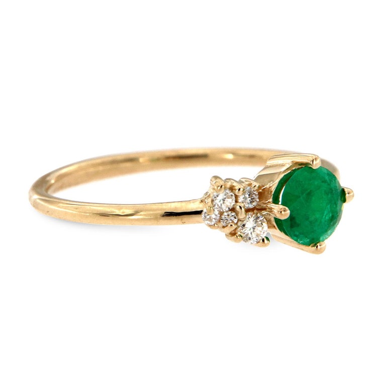 14 Karat Yellow Gold Organic Green Round Emerald Diamond Ring Center, 0 ...