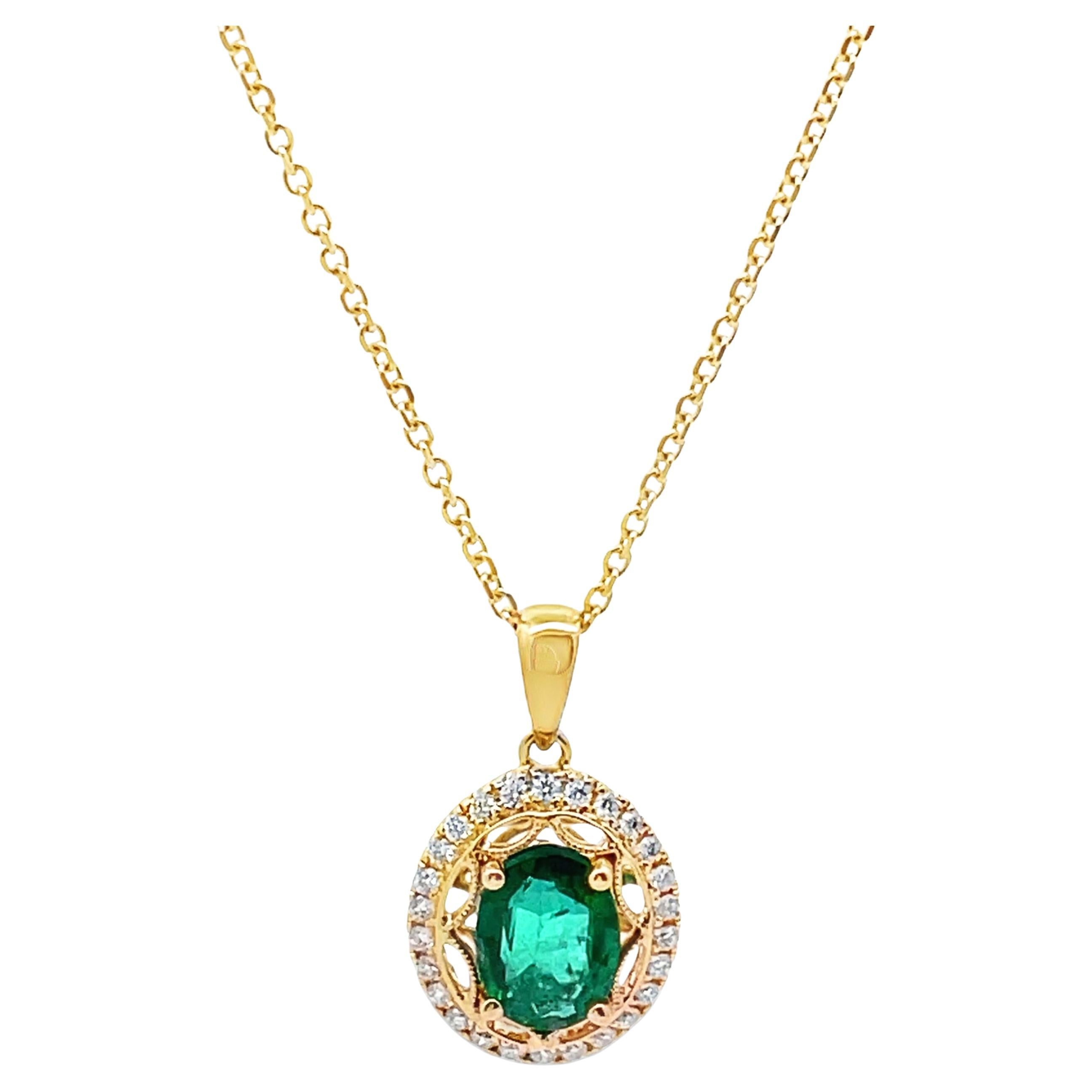 Emerald Ellipse Shaped Pendant Necklace with 0.25ct Diamonds in 18K ...