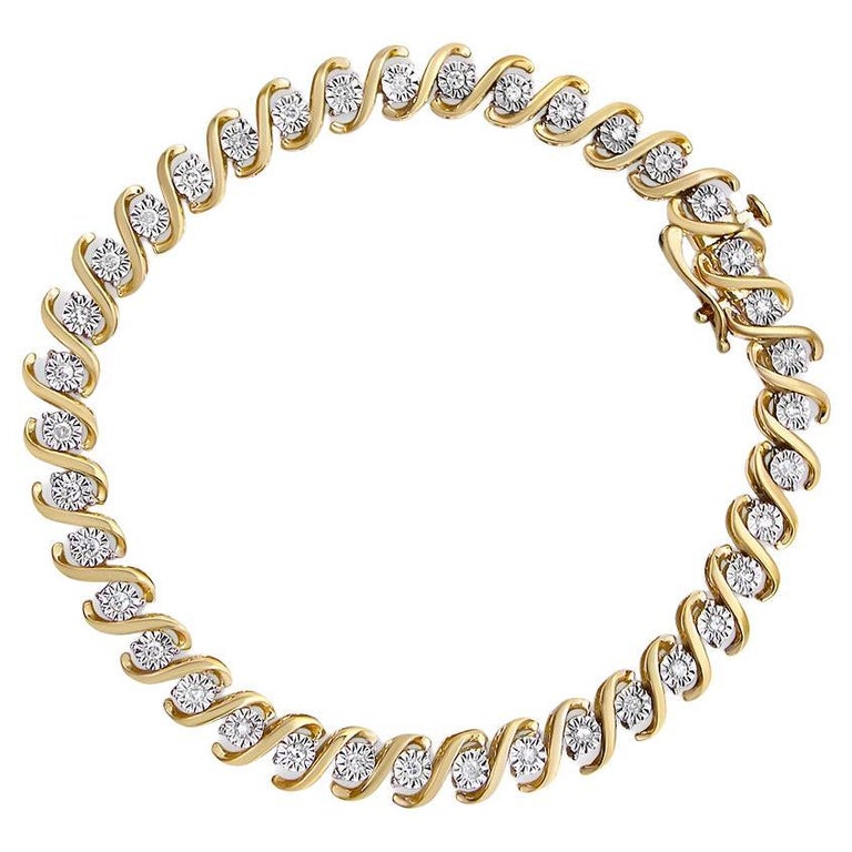 14K Yellow Gold over Silver 1/2 Carat Round Diamond S-Curve Tennis Bracelet For Sale at 1stDibs