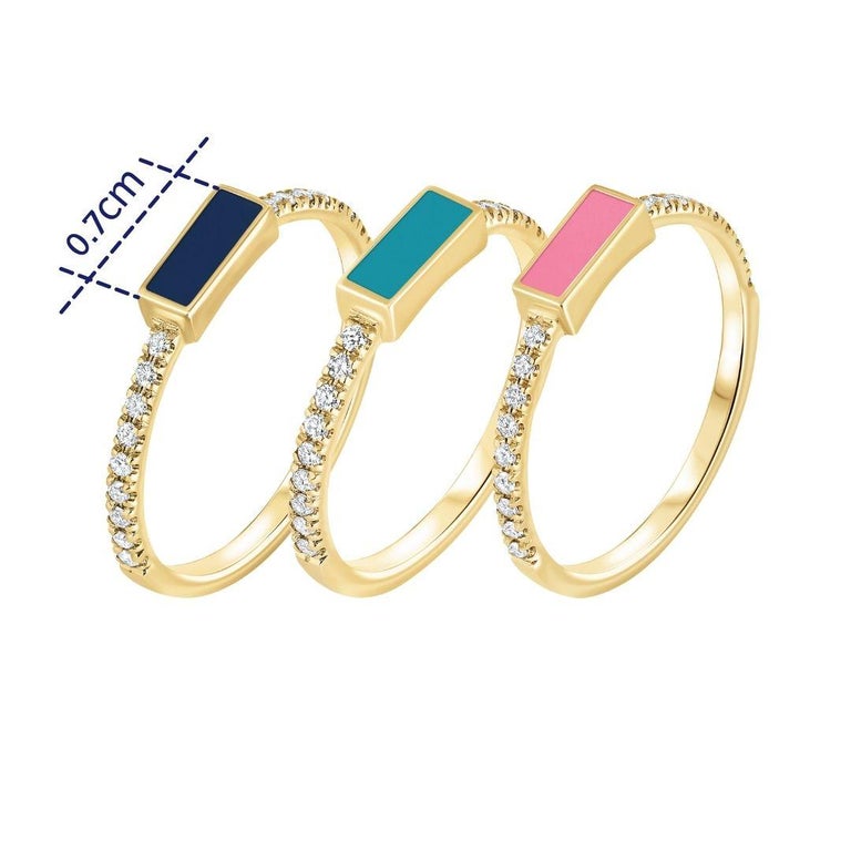 Customizable 14K Yellow Gold Pave Diamond Pink Enamel Rectangle Ring ...