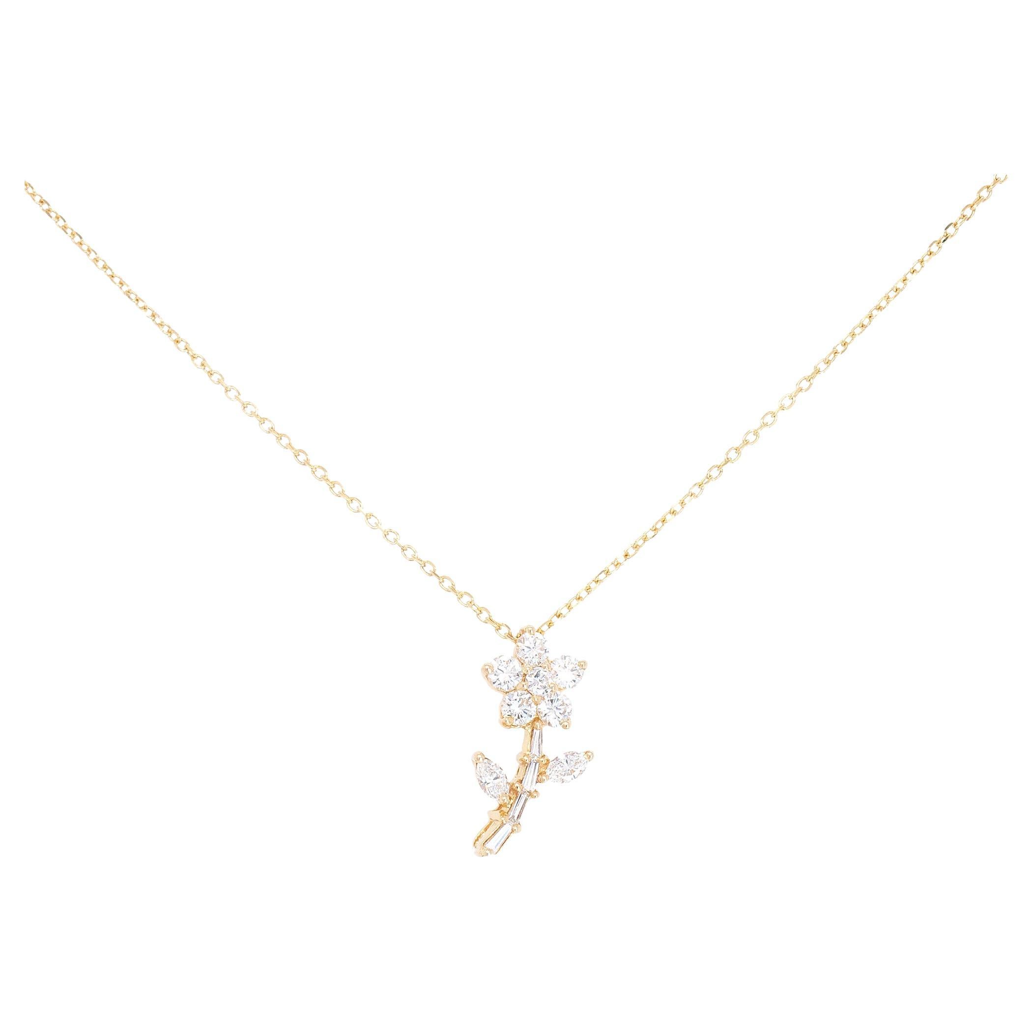14k Yellow Gold Pave Flower Pendant with 14k Gold Cable Necklace For ...