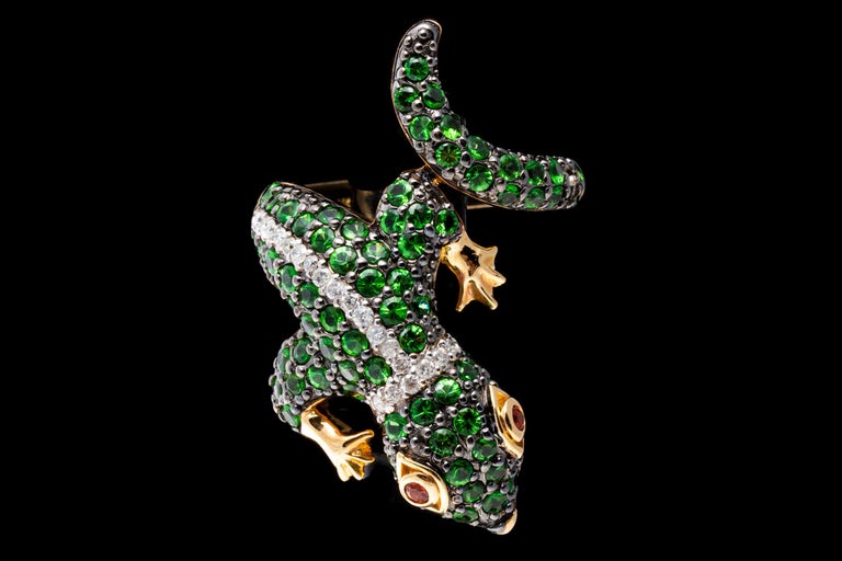 14k Yellow Gold Pave Tsavorite And Diamond Bypass Lizard Ring, Size 7.25 For Sale at 1stDibs