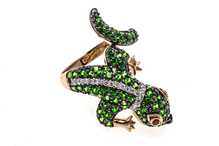 14k Yellow Gold Pave Tsavorite And Diamond Bypass Lizard Ring, Size 7. ...