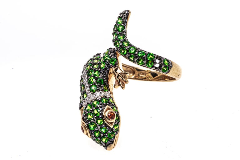 14k Yellow Gold Pave Tsavorite And Diamond Bypass Lizard Ring, Size 7. ...