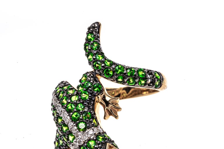 14k Yellow Gold Pave Tsavorite And Diamond Bypass Lizard Ring, Size 7. ...