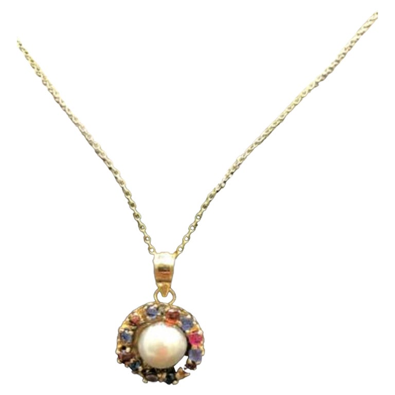 14K Yellow Gold Pearl Multi Color Stone Necklace For Sale at 1stDibs