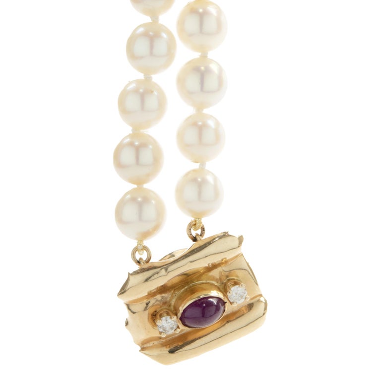 14k Yellow Gold Pearl, Sapphire, Emerald, Ruby, and Diamond Double Row ...
