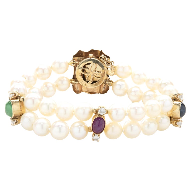 14k Yellow Gold Pearl, Sapphire, Emerald, Ruby, and Diamond Double Row ...