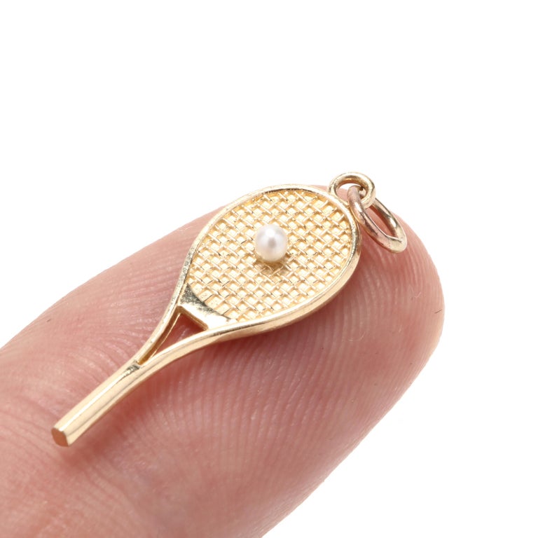 14 Karat Yellow Gold and Pearl Tennis Racket Charm / Pendant at 1stDibs