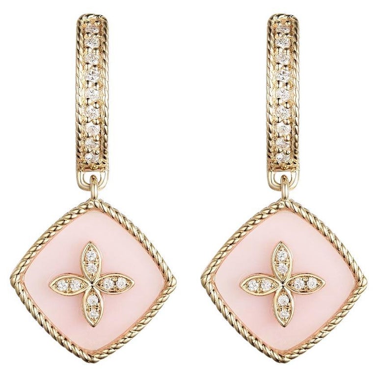 14K Yellow Gold Pink Opal and Diamond Drop Earring at 1stDibs