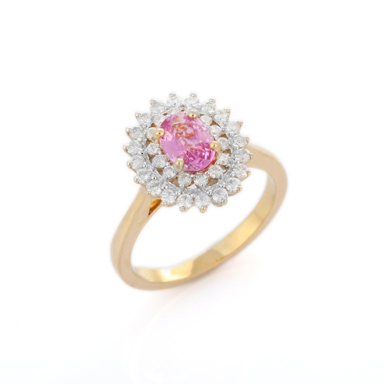 Customizable 14K Yellow Gold Pink Sapphire Diamond Halo Engagement Ring For Sale at 1stDibs
