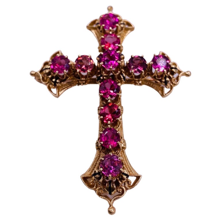 14k Yellow Gold Pink Tourmaline Cross Pin at 1stDibs