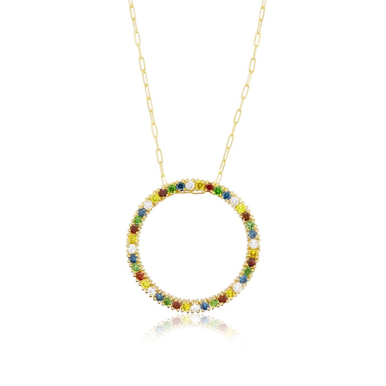 14K Yellow Gold Rainbow Round Diamond Paperclip Chain Pendant For Sale ...
