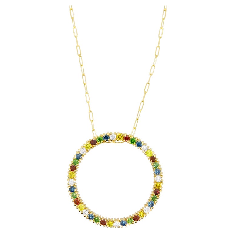 14K Yellow Gold Rainbow Round Diamond Paperclip Chain Pendant For Sale ...