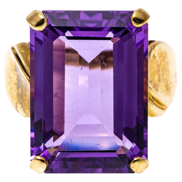 14k Yellow Gold Rectangular 12.07 CT Amethyst Convex Sided Ring For ...