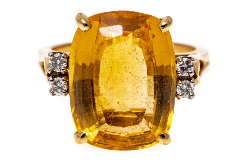 14k Yellow Gold Rectangular Cushion Citrine and Diamond Ring For Sale ...