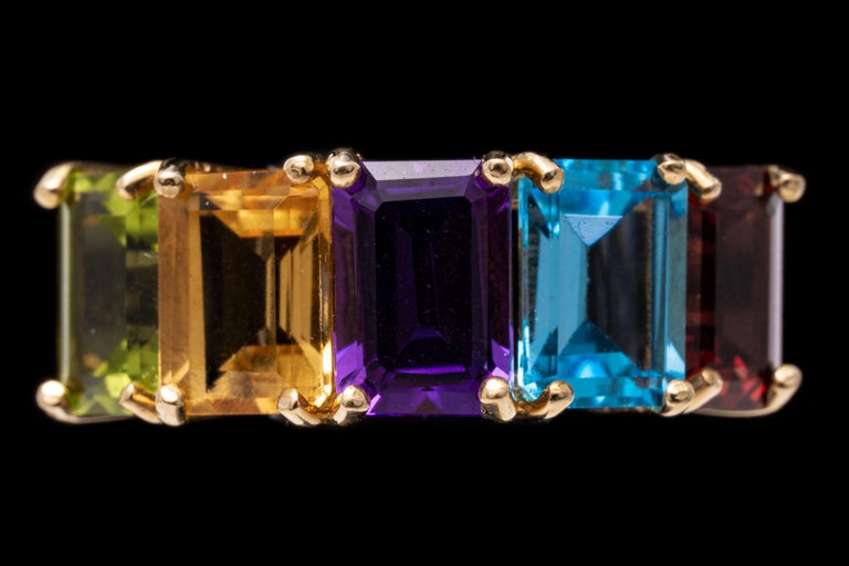 14k Yellow Gold Rectangular Multi Gemstone Rainbow Ring For Sale at 1stDibs