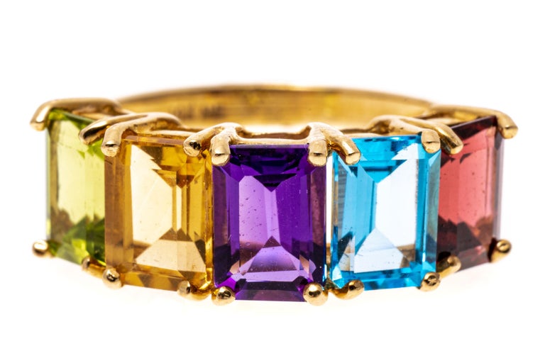 14k Yellow Gold Rectangular Multi Gemstone Rainbow Ring For Sale at 1stDibs