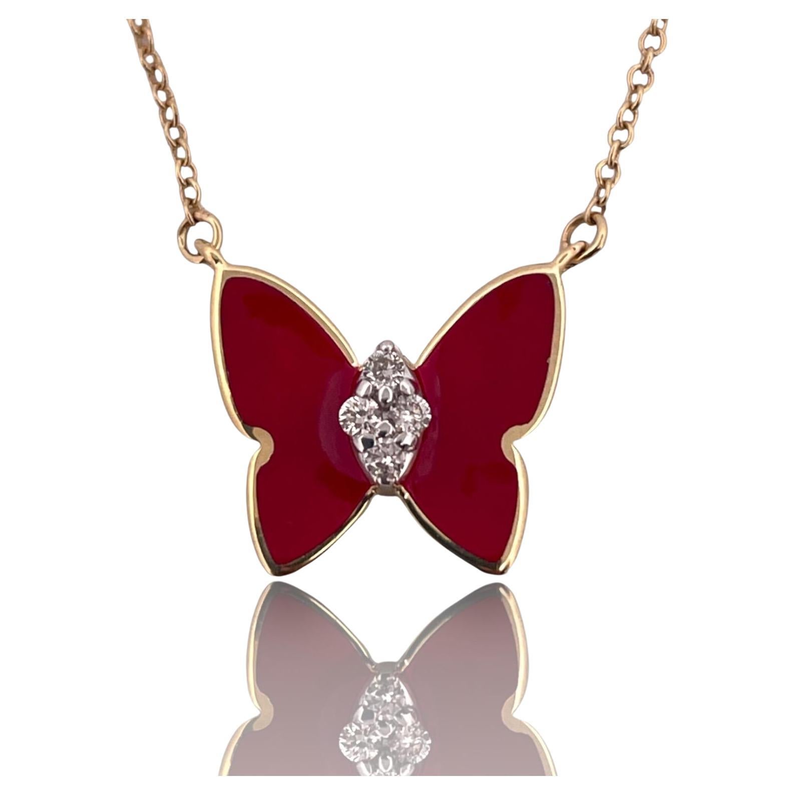 14K Yellow Gold and Red Enamel Diamond Round Necklace For Sale at 1stDibs