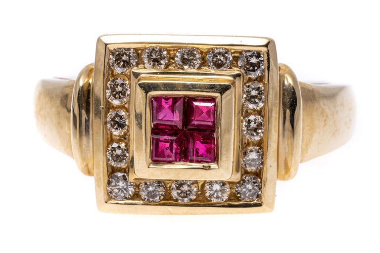 14k Yellow Gold Retro Bezel Square Ruby and Diamond Bordered Ring For ...