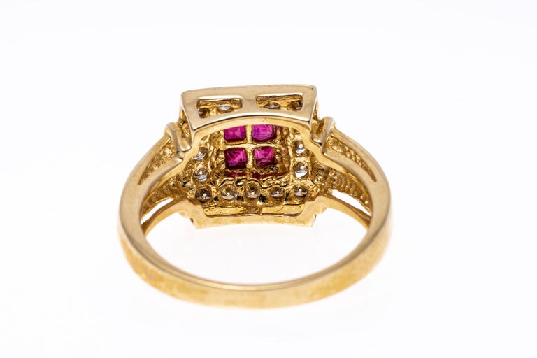 14k Yellow Gold Retro Bezel Square Ruby and Diamond Bordered Ring For ...