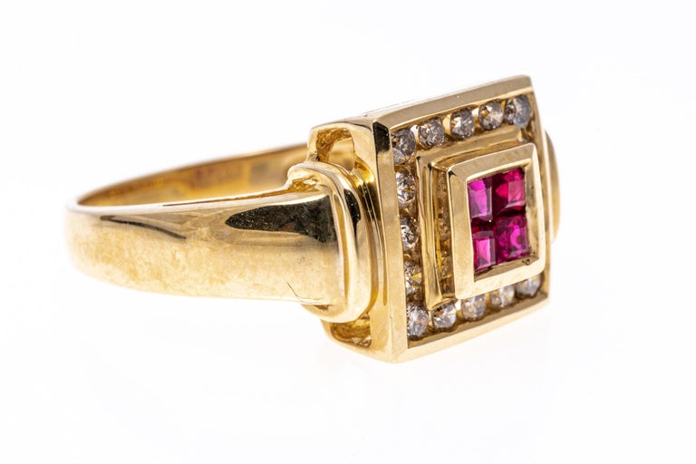 14k Yellow Gold Retro Bezel Square Ruby and Diamond Bordered Ring For ...