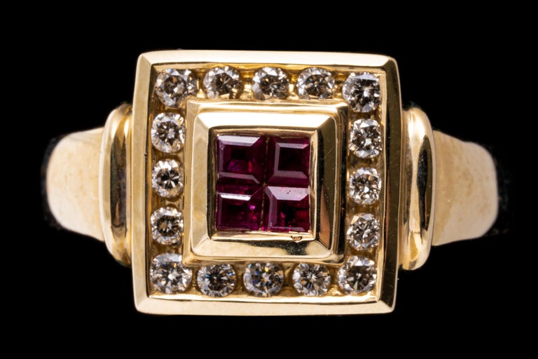 14k Yellow Gold Retro Bezel Square Ruby and Diamond Bordered Ring For ...