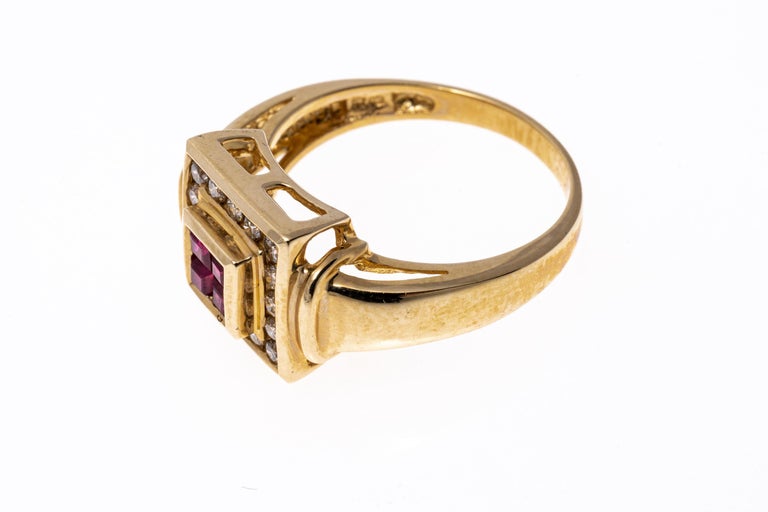 14k Yellow Gold Retro Bezel Square Ruby and Diamond Bordered Ring For ...