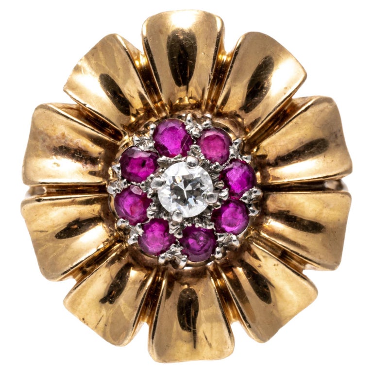 14k Yellow Gold Retro Ruby and Diamond Flower Motif Ring For Sale at ...