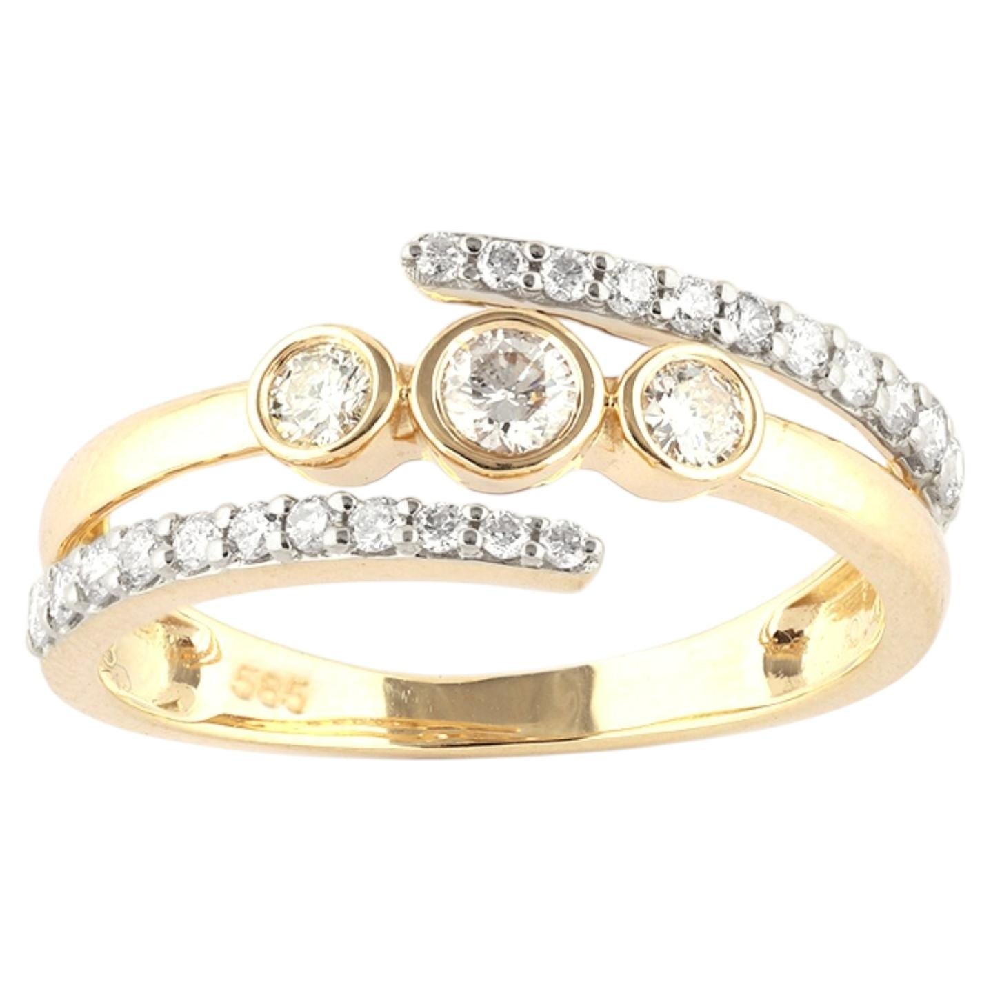 14K Yellow Gold Round Cut Diamond Bezel Three-Stone Bypass Ring For ...