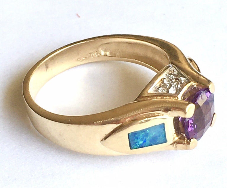 14k Yellow Gold Round Faceted Amethyst, Opal Inlay and Diamond Ring For ...