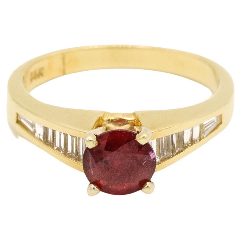 14k Yellow Gold Round Ruby and Baguette Diamond Cathedral Ring For Sale ...