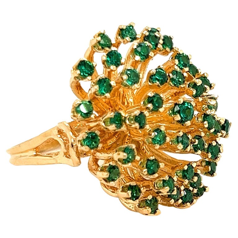 14K Yellow Gold Round Shape Deep Green Emeralds Cocktail Ring For Sale ...