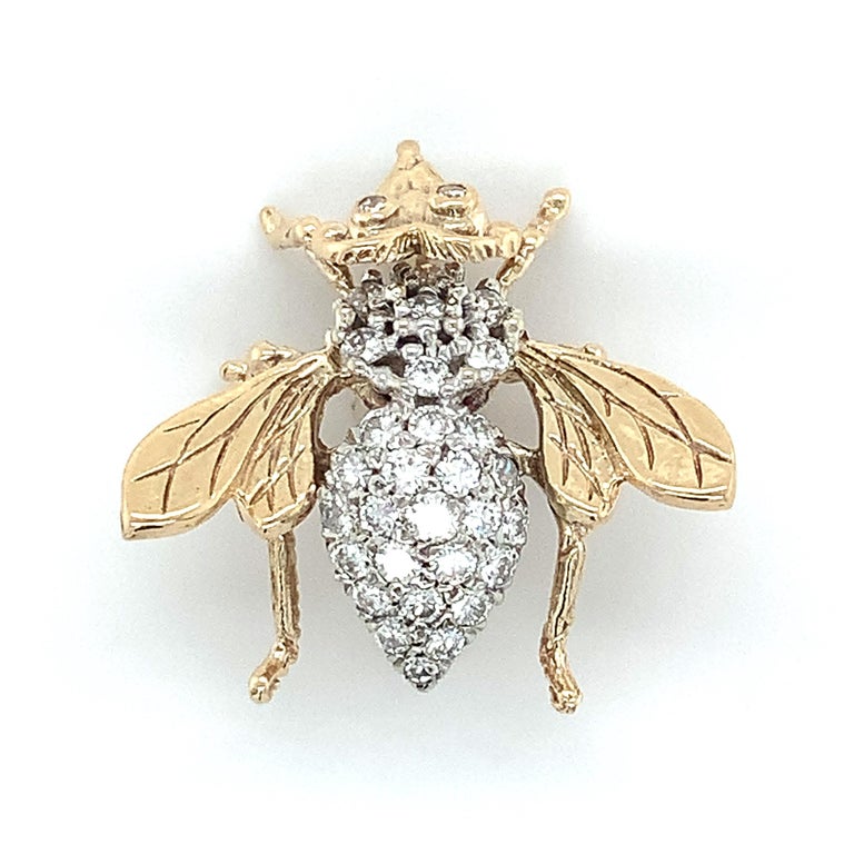 14k Yellow Gold Round White Diamond Fly / Bee Shaped Pin .75cttw For ...