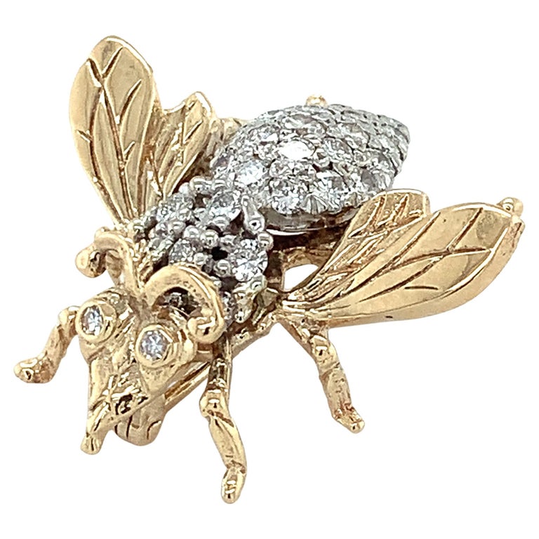 14k Yellow Gold Round White Diamond Fly / Bee Shaped Pin .75cttw For ...