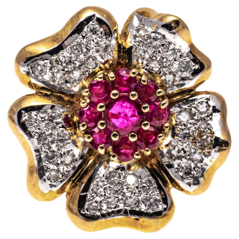 14k Yellow Gold Ruby and Pave Diamond Flower Motif Ring For Sale at 1stDibs