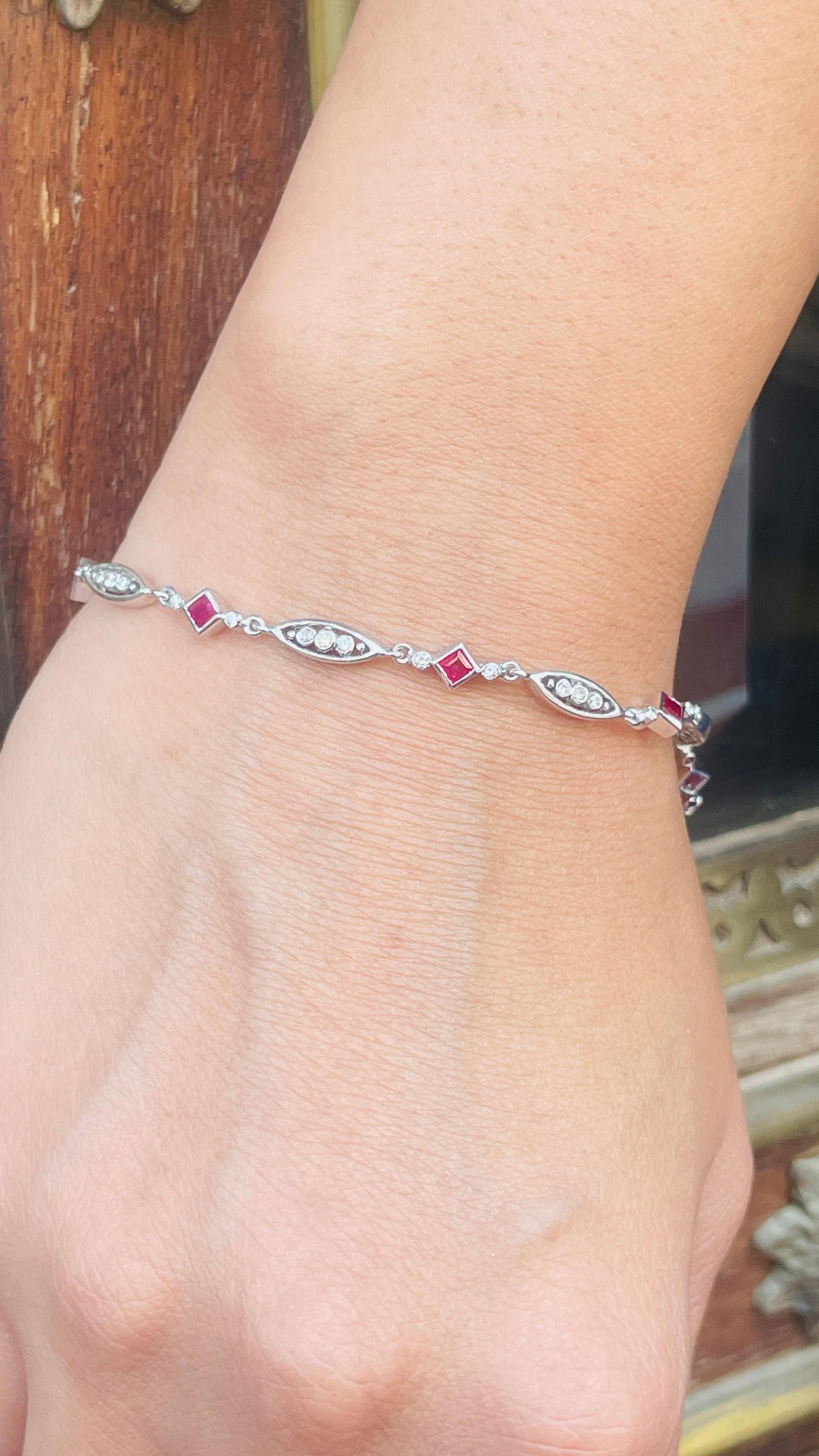 14K White Gold Ruby Diamond Chain Bracelet For Sale at 1stDibs