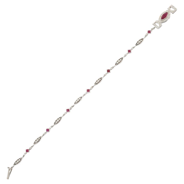 14K White Gold Ruby Diamond Chain Bracelet For Sale at 1stDibs