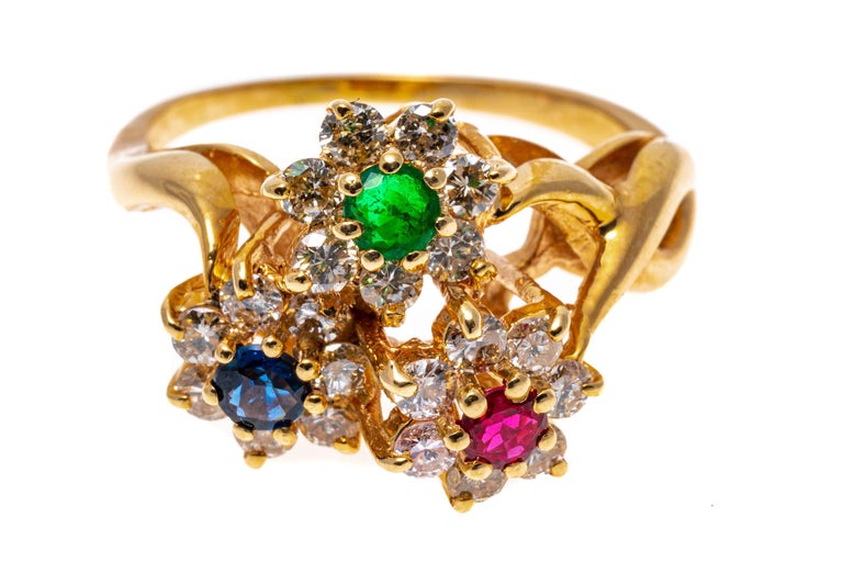 14k Yellow Gold Ruby, Emerald, Sapphire and Diamond Triple Flower Ring ...