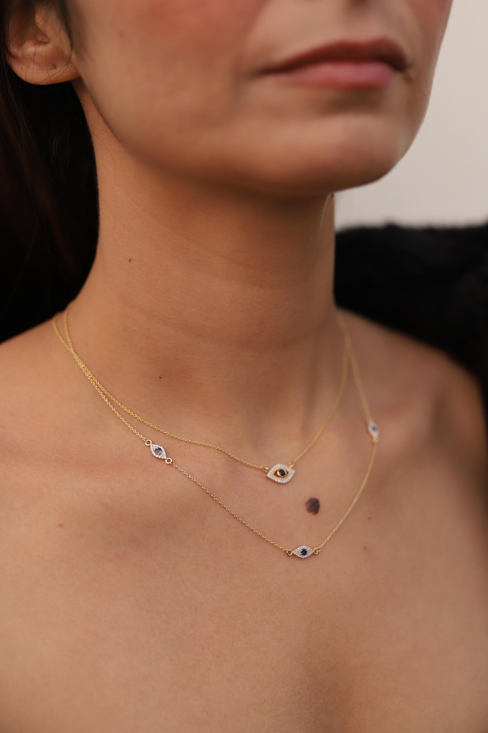 14K Yellow Gold Blue Sapphire and Diamond Evil Eye Necklace For Sale at ...