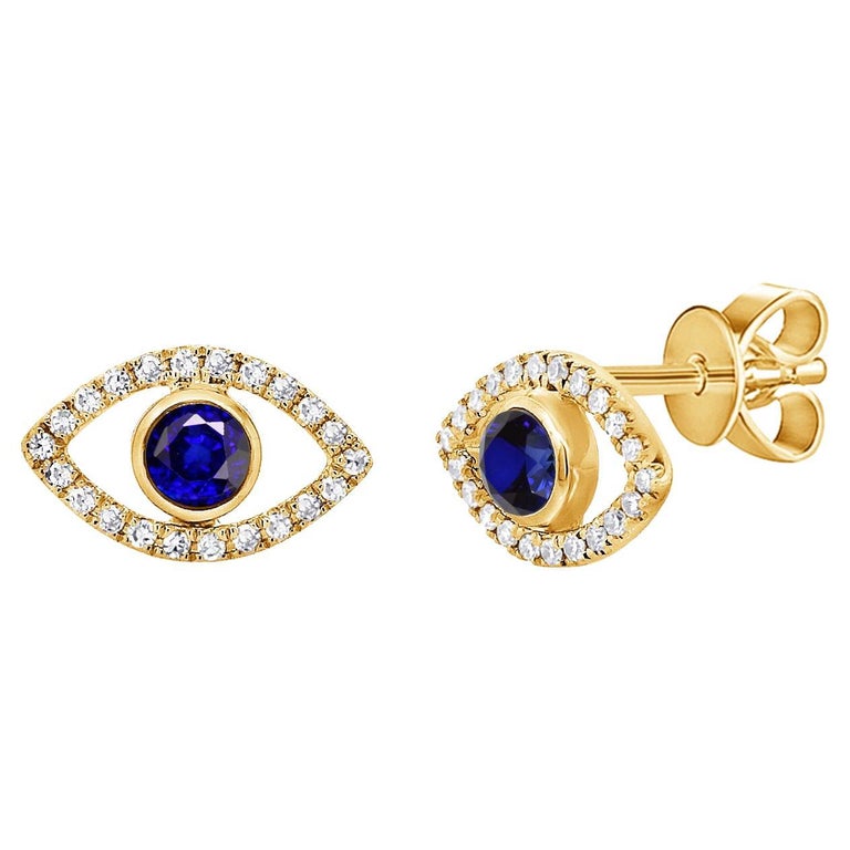 14K Yellow Gold Sapphire and Diamond Evil Eye Stud Earrings for Her For Sale at 1stDibs