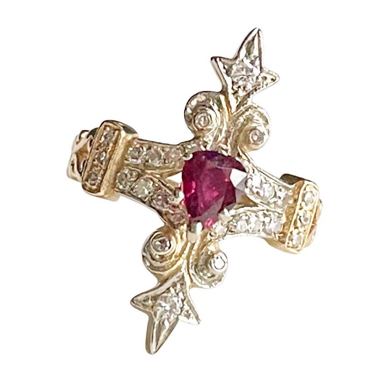 14k Yellow Gold Split Shank Filigree Diamond and Red Pear Ruby Gemstone ...